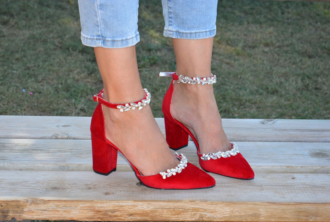 Red Velvet Block Heels • Red Wedding Heels • Crystal Embellished ...