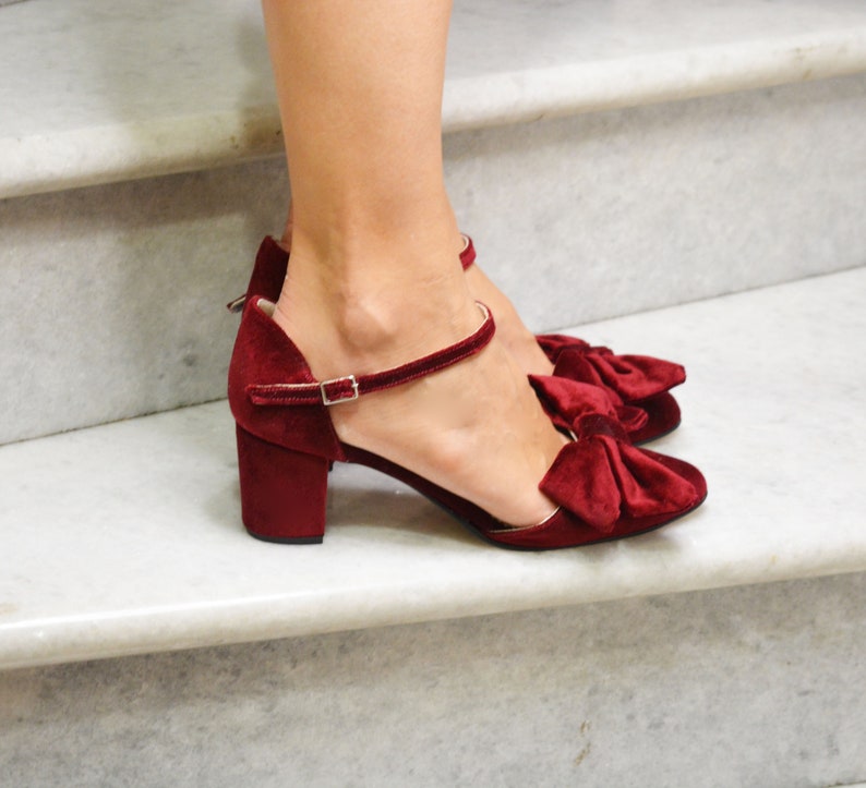 Dark Red Velvet Block Heels Velvet Bow Heels Burgundy Velvet - Etsy