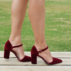 Dark Red Velvet Block Heels, Red Ladies Shoes, Red Heels, Dark Red ...