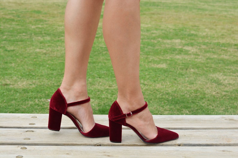 Dark Red Velvet Block Heels Red Ladies Shoes Red Heels Dark - Etsy
