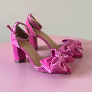 Rose Pink Velvet Bow Heels: Handmade Leather Wedding Pumps - Etsy