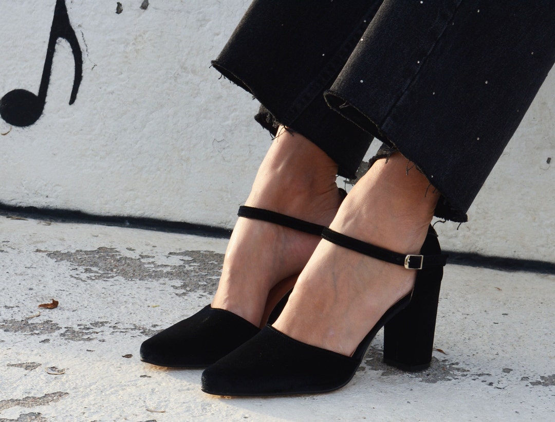 Handmade Black Velvet Block Heels: Ankle Strap Wedding Pumps - Etsy