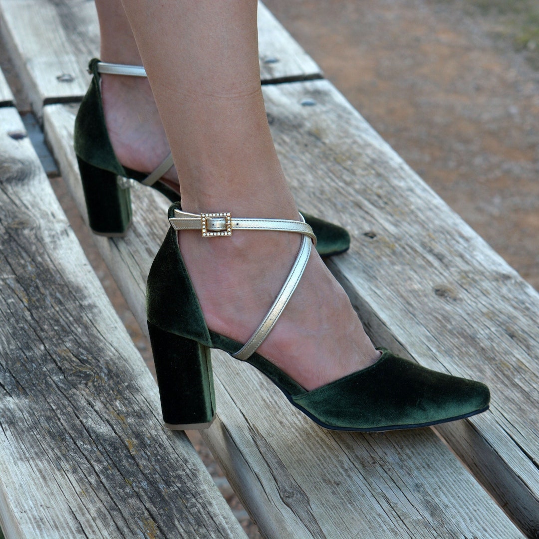 Olive Green Velvet Block Heels, Olive Green Velvet Pumps, D'orsay Heels ...