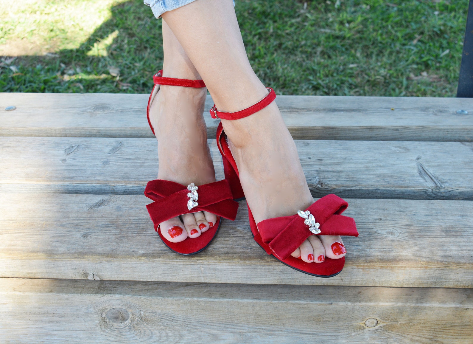 Red Velvet Block Heels Bow Wedding Sandals Red Bridal Shoes - Etsy