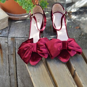 Dark Red Velvet Block Heels, Velvet Bow Heels, Burgundy Velvet Pumps ...