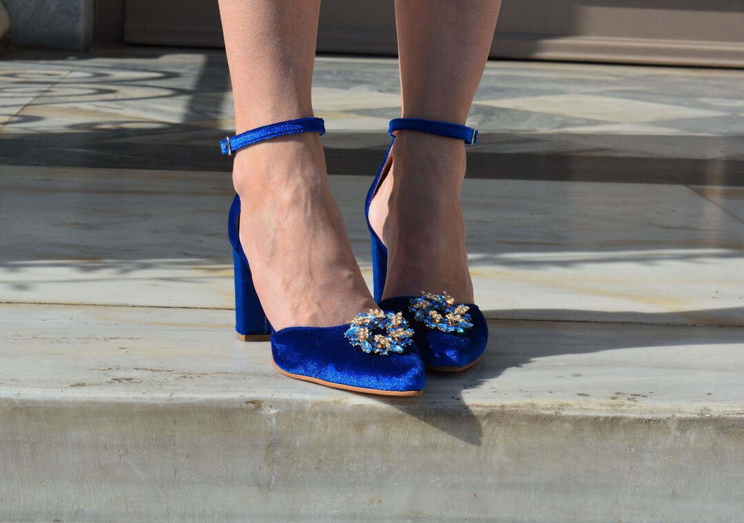 Royal Blue Velvet Block Heels Wedding Heels for Bride Blue - Etsy