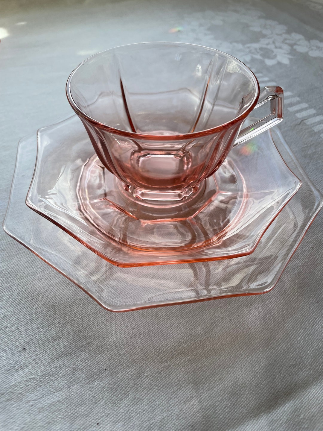 Pink Depression Ware Teacup, Saucer and Plate. - Etsy