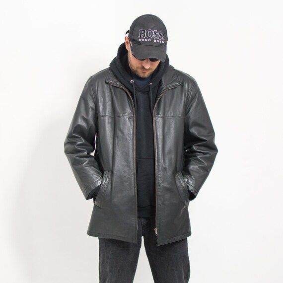 Black leather jacket 90's Vintage minimalist coat men… - Gem