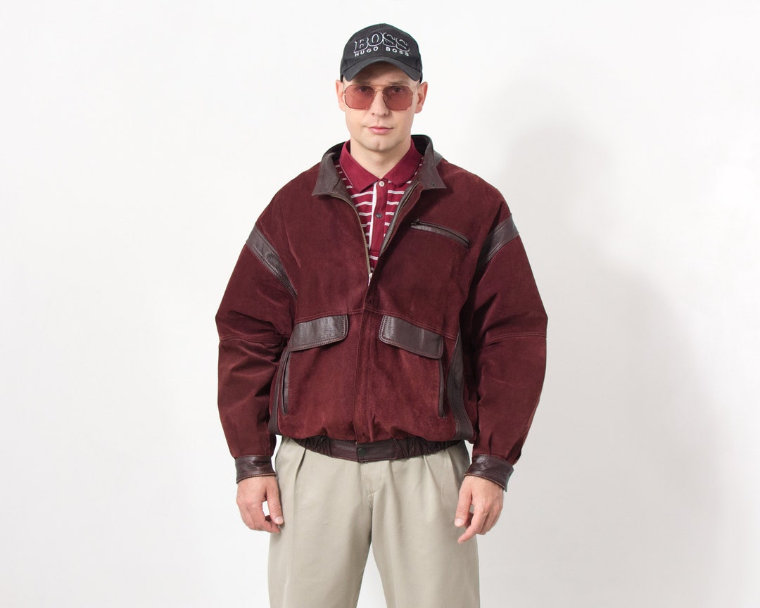 Burgundy Leather Bomber Jacket 80's Vintage Men Size L/XL - Etsy