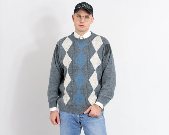 80s retro sweater gray diamond pattern jumper preppy … - Gem