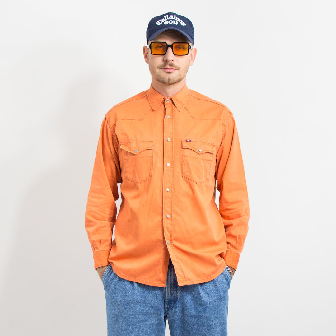 MUSTANG Denim Shirt Vintage Orange Long Sleeve Men Size S - Etsy