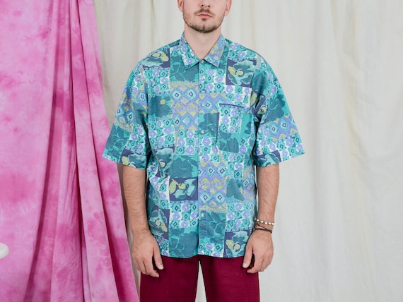 Green retro shirt 80s vintage printed short sleeve ab… - Gem