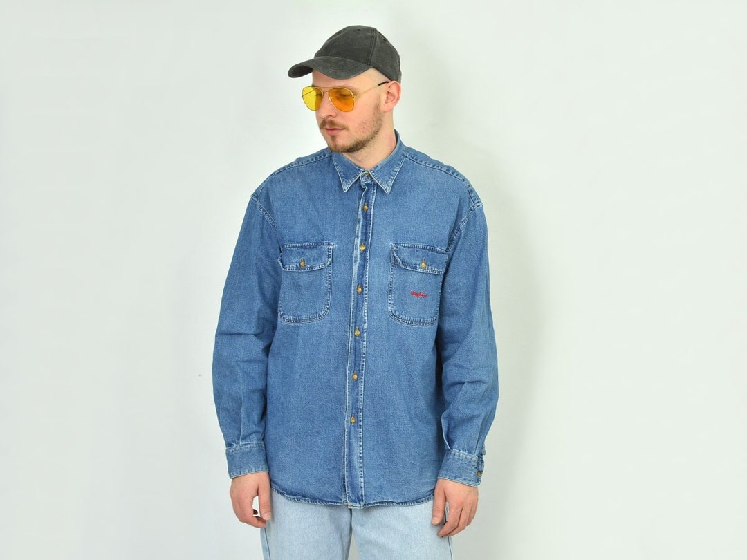 Blue Denim SHIRT Vintage Jean Button Down up 1990's Hipster Grunge ...