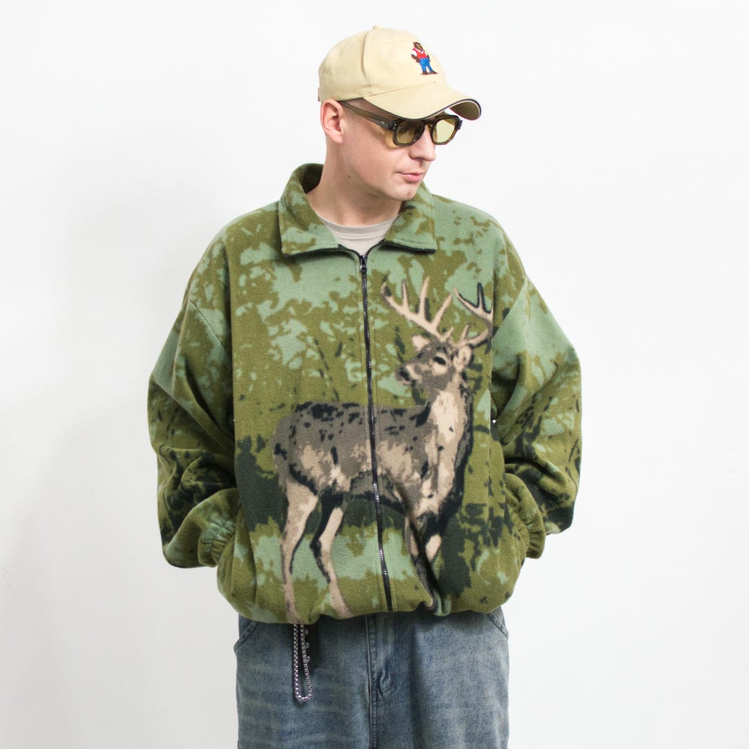 Deer Fleece Jacket Vintage Animal Pattern Oversized Men Size XXL - Etsy
