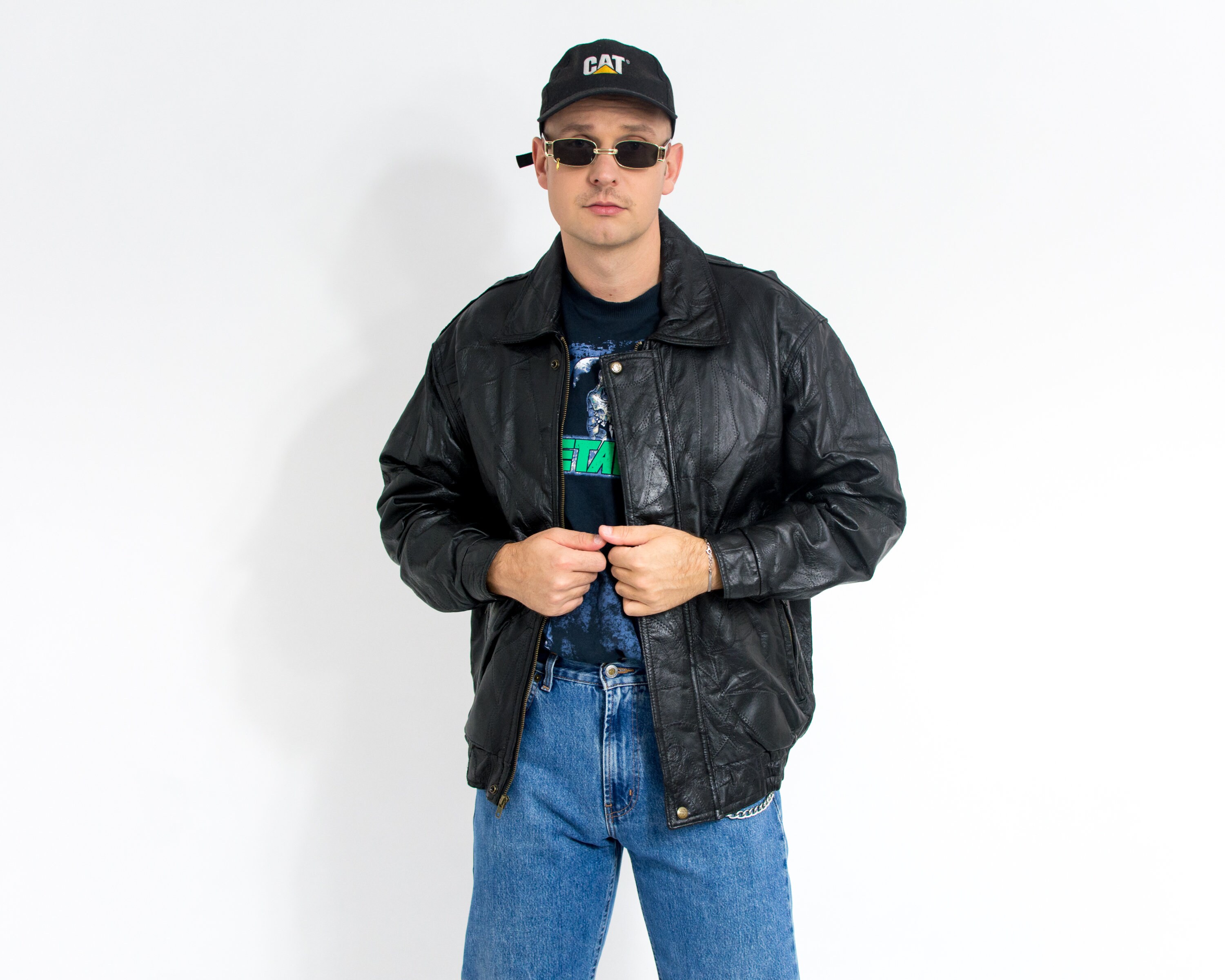 Aviator Leather Bomber Jacket 90s Vintage Black US Navy Patchwork Size ...