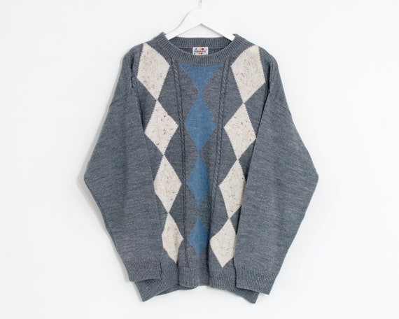 80s retro sweater gray diamond pattern jumper preppy … - Gem