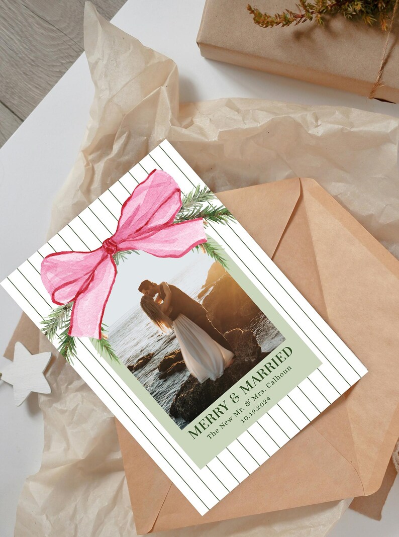Holiday Ribbon Bow Photo Card | Pink Red Green | Pin Stripes ...