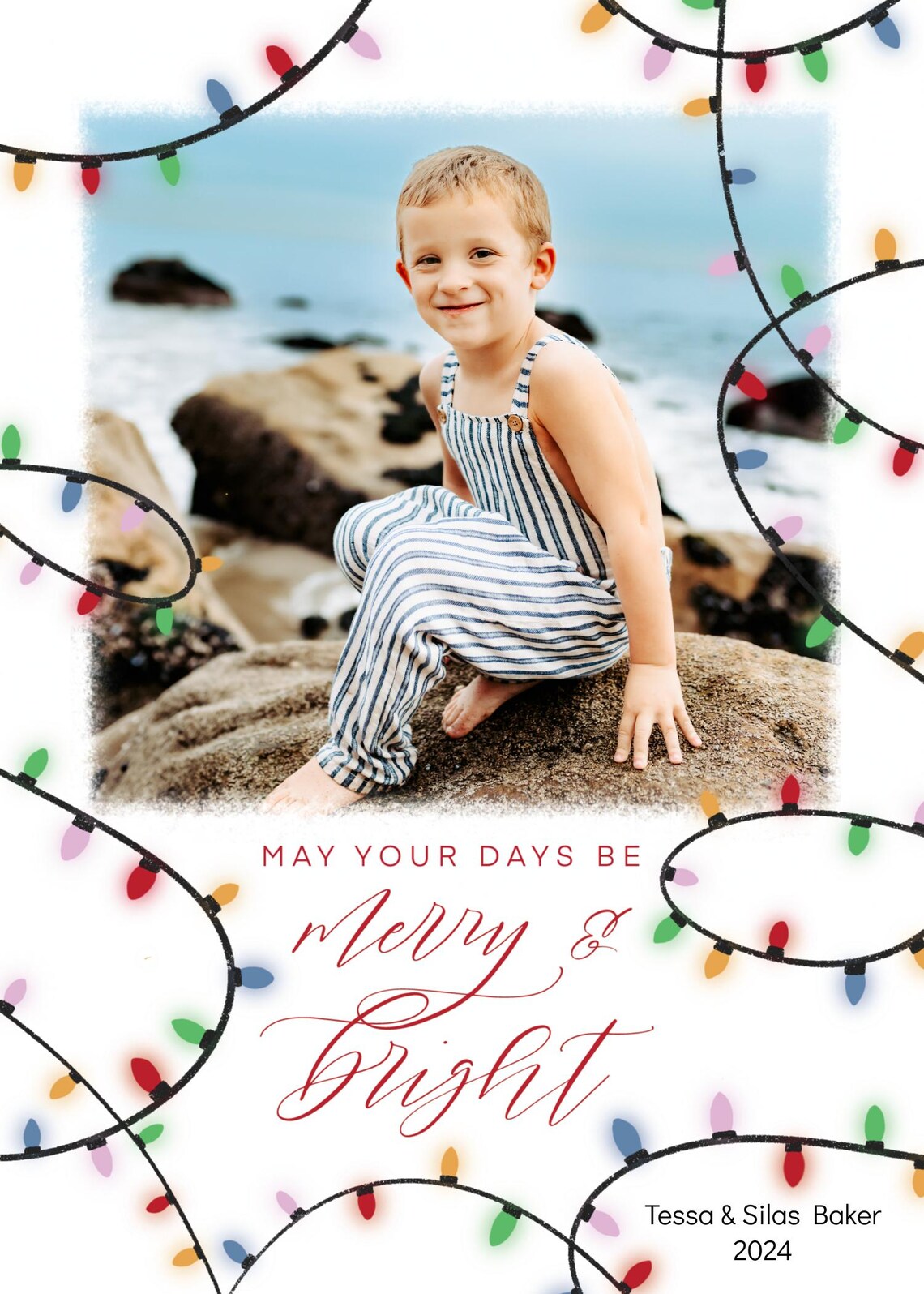 Merry & Bright Christmas Card | Colorful String Lights | Photo Card ...