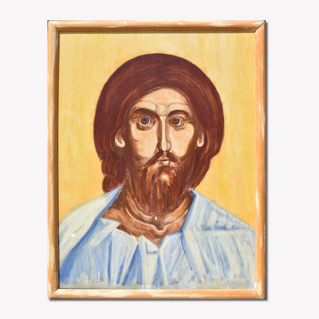 Jesus Christ Art Hand Painted Icon on Wood With Egg Tempera, Light Blue ...
