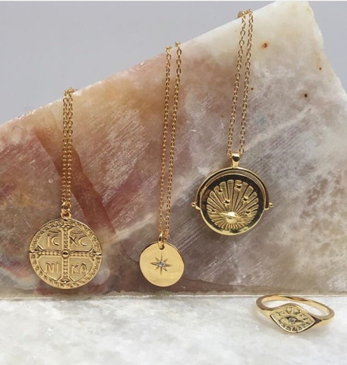 Starburst Gold Necklace Coin Necklace Medallion Necklace Cz - Etsy