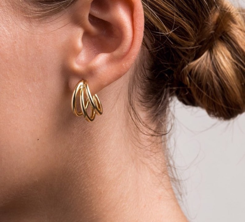 Triple Hoops Stud Earrings Gold Hoops Silver Hoops - Etsy