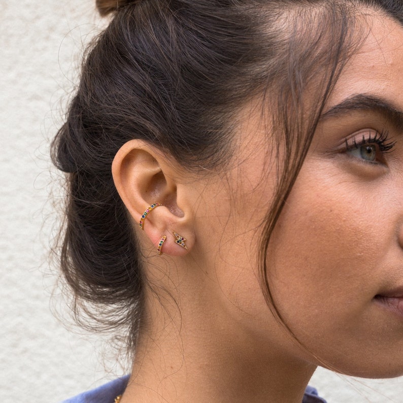 Small cz earrings Cz thunderbolt stud Gold flash earring | Etsy