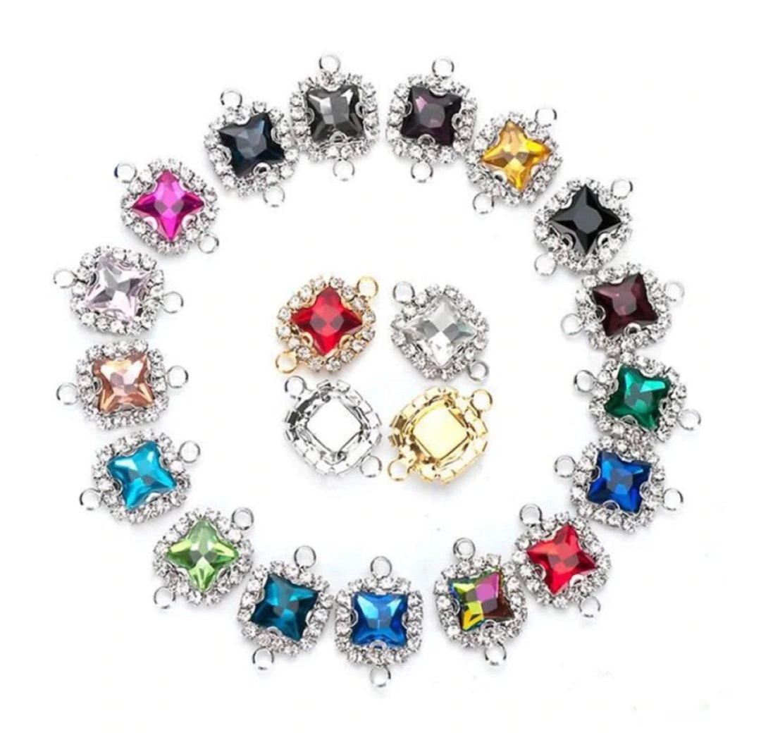 10 Pcs X 12mm Silver Base Double Loops Rhinestone Square Connector ...
