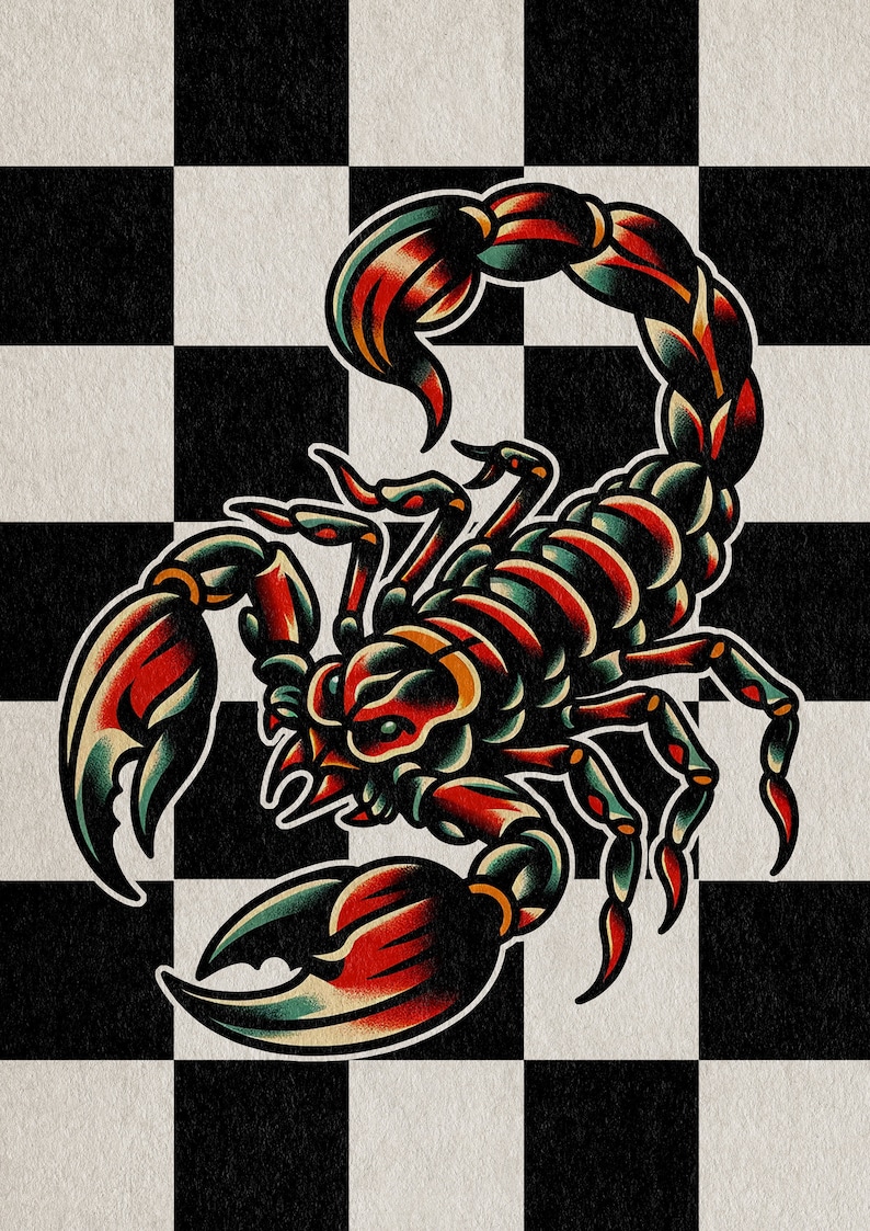 Checkered American Traditional Scorpion Digital Art - Etsy