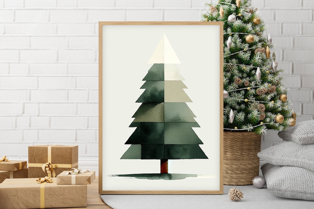 Modern Minimalist Christmas Tree Watercolor Painting - Abstract Holiday ...