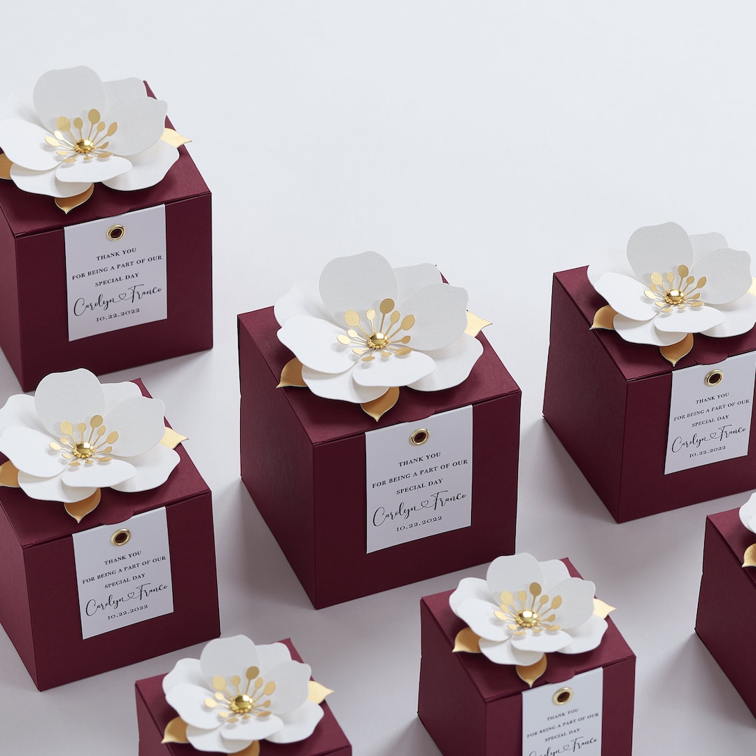 Burgundy Favor Boxes With Flower Decor for Wedding, Bridal Party ...