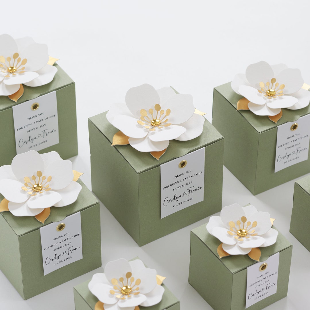 Set of 10 Sage Green Favor Boxes With Flower Decor for Weddings ...