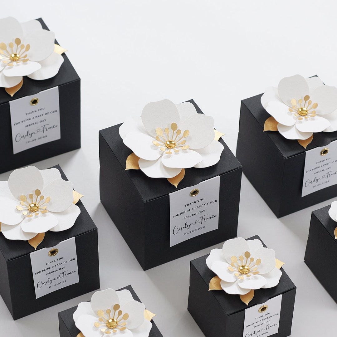 Black Favor Boxes With Flower Decor for Wedding, Bridal Party, Baptism ...