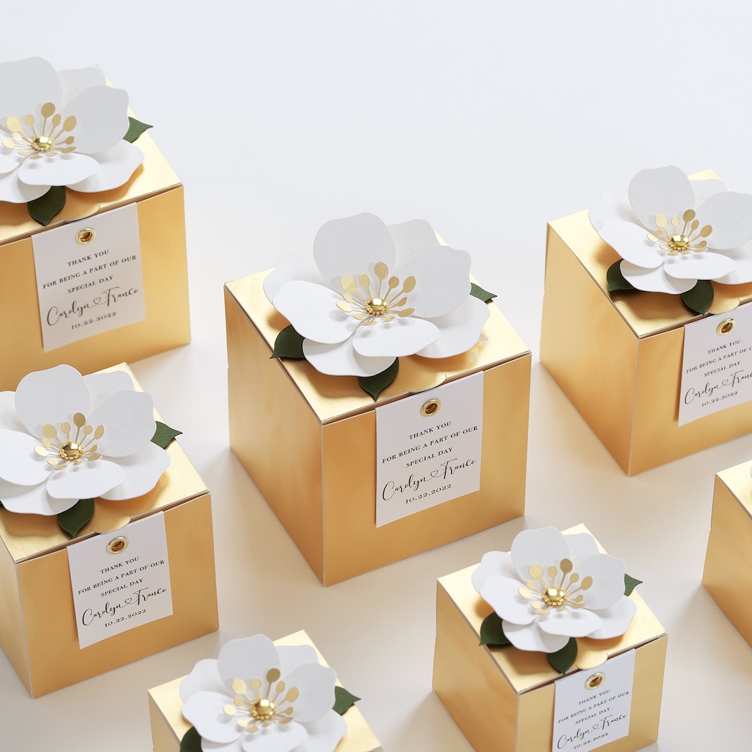 Gold Favor Boxes With Flower Decor for Wedding, Bridal Party, Baptism ...