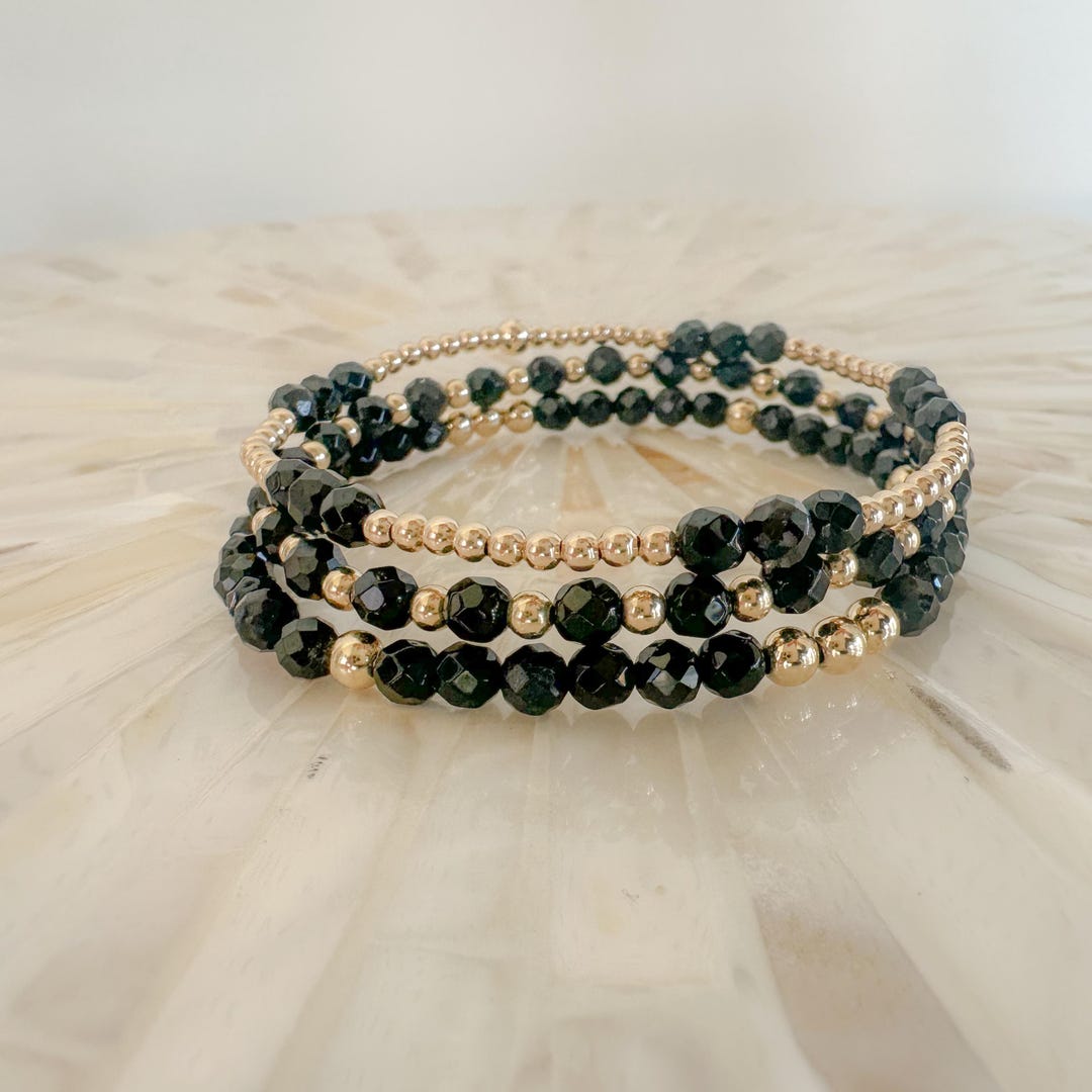 Gemma Bracelet Stack - Onyx, Gemstone Bracelet Stack, Gold and Onyx Beaded Bracelet Set - Etsy