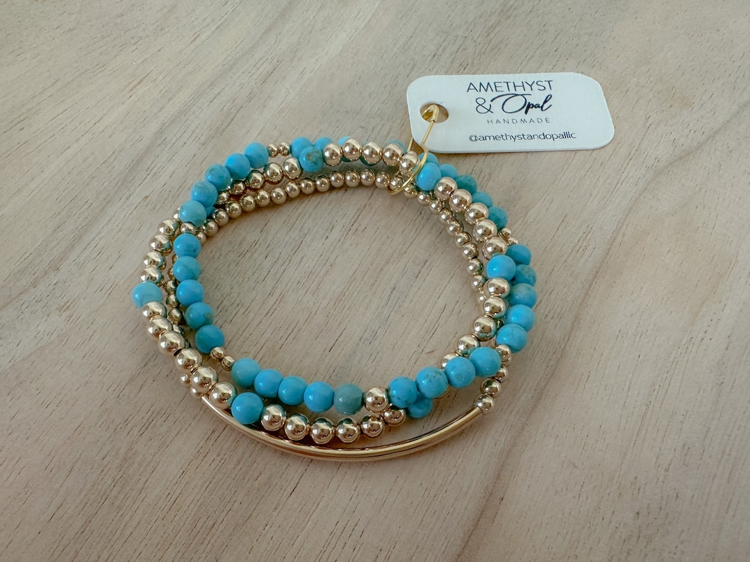 Turquoise Bracelet Stack, Turquoise and Gold Bracelet, 14k Gold Beaded Bracelet - Etsy