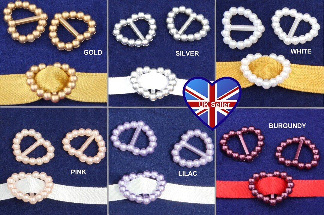 50x Pearl Bead Heart Ribbon Sliders 17mm (vertical Bar) Double Sided ...