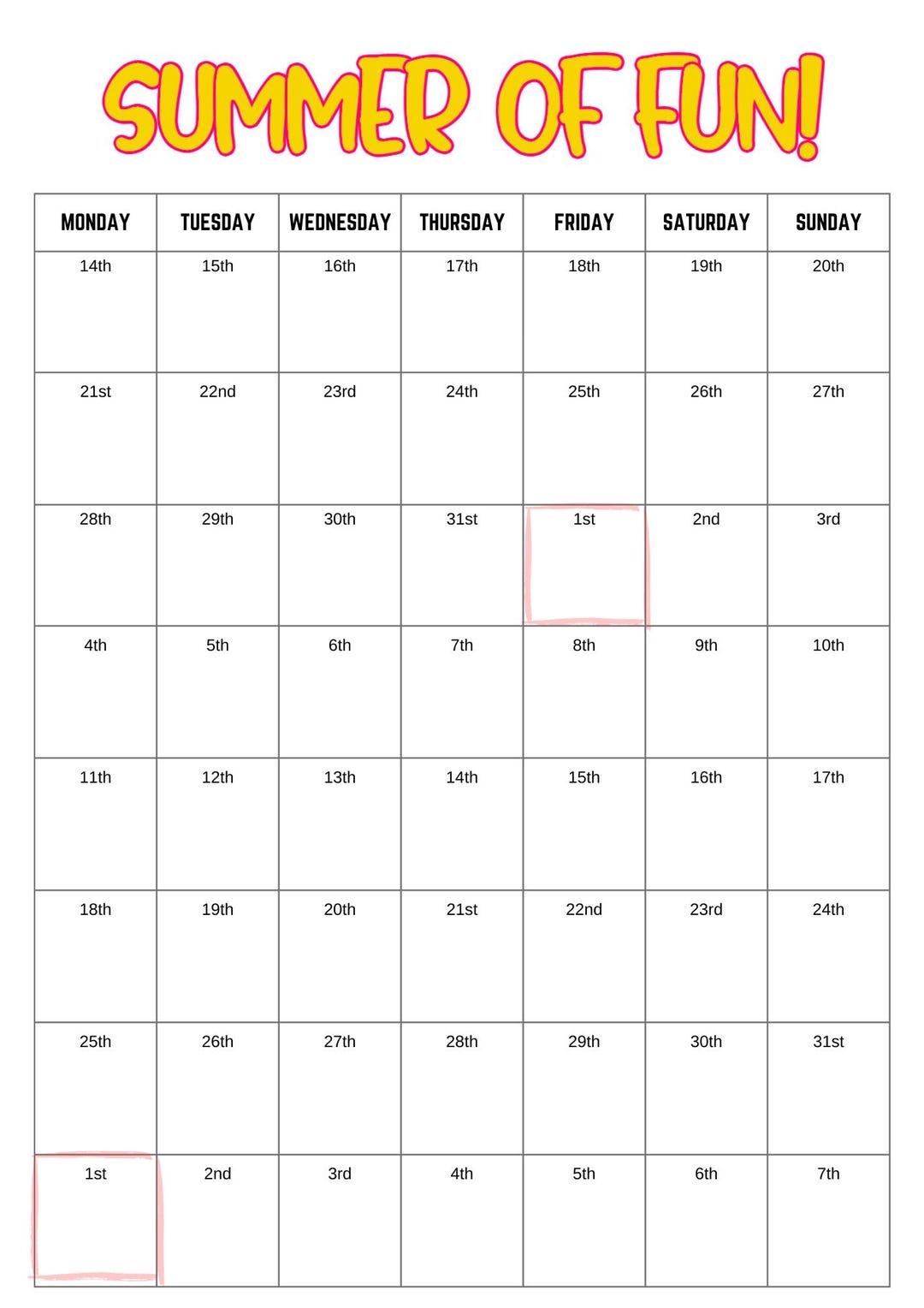 6 Weeks Holiday Calendar - Summer Holiday Planner - Etsy