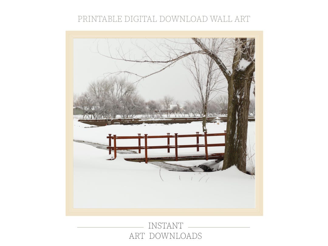 Winter Snow Scene Red Bridge Portrait Background Printable Wall Art ...
