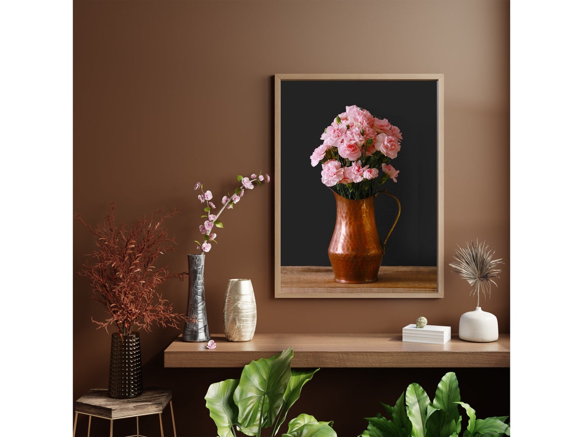 Copper Vase With Pink Carnations Black Background Contemporary Art ...