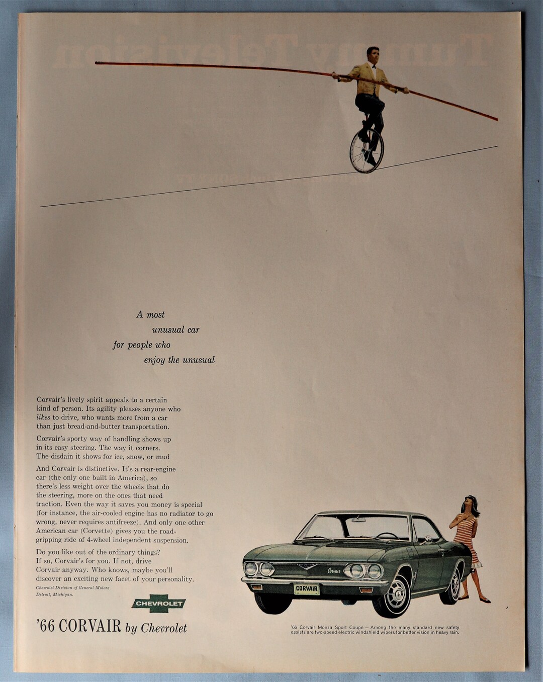 1966 Corvair Monza Car Advertisement. Vintage 1966 Chevy Corvair Monza ...