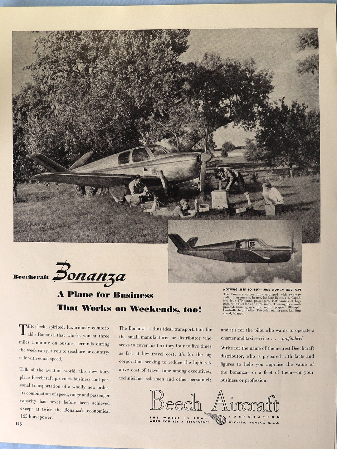 1946 Beechcraft Bonanza Advertisement. Vintage 1946 Beechcraft Bonanza ...
