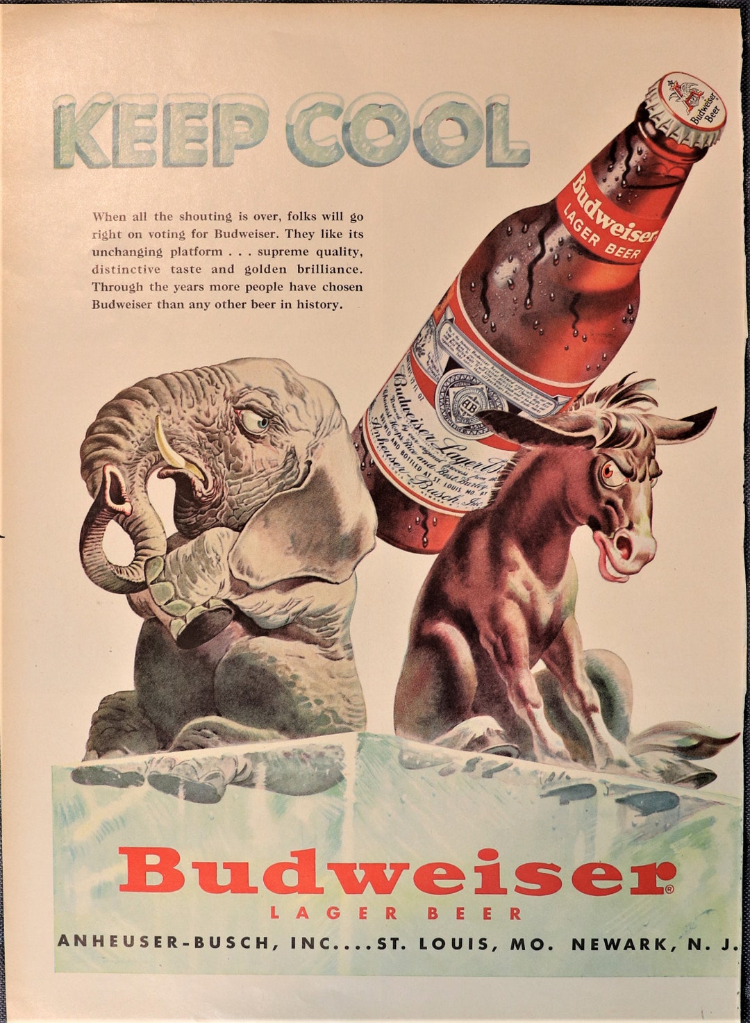 Budweiser Beer Advertisement. Vintage 1952 Budweiser Republican ...