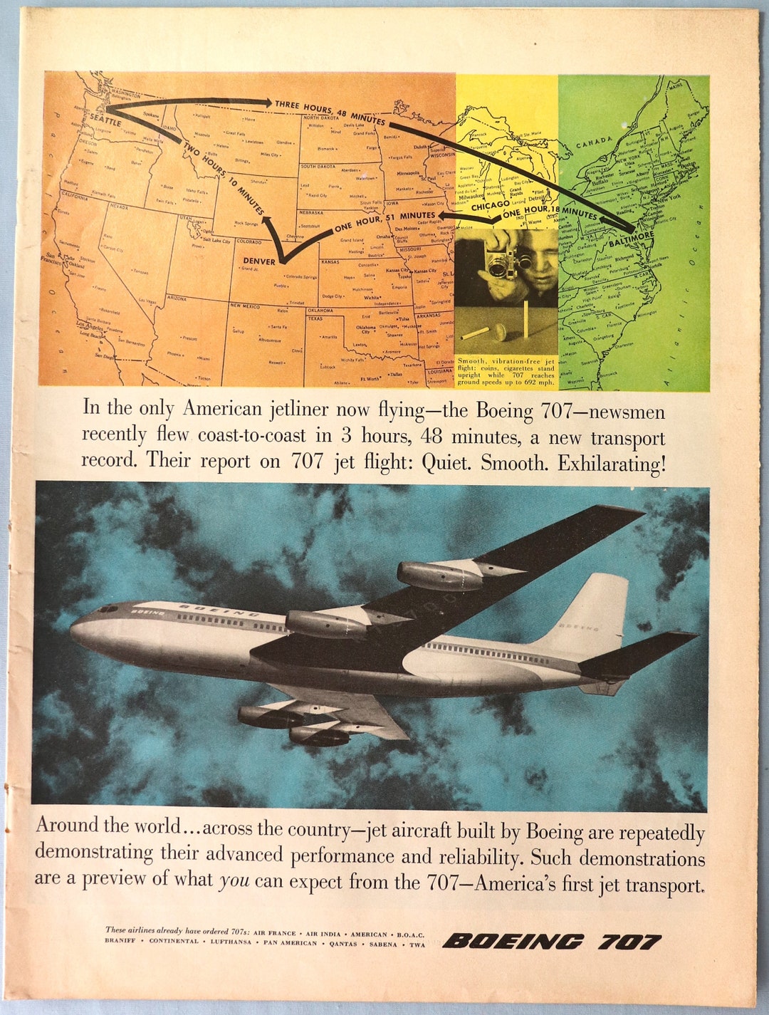 1957 Boeing 707 Advertisement. Vintage 1957 Boeing 707 Jetliner ...
