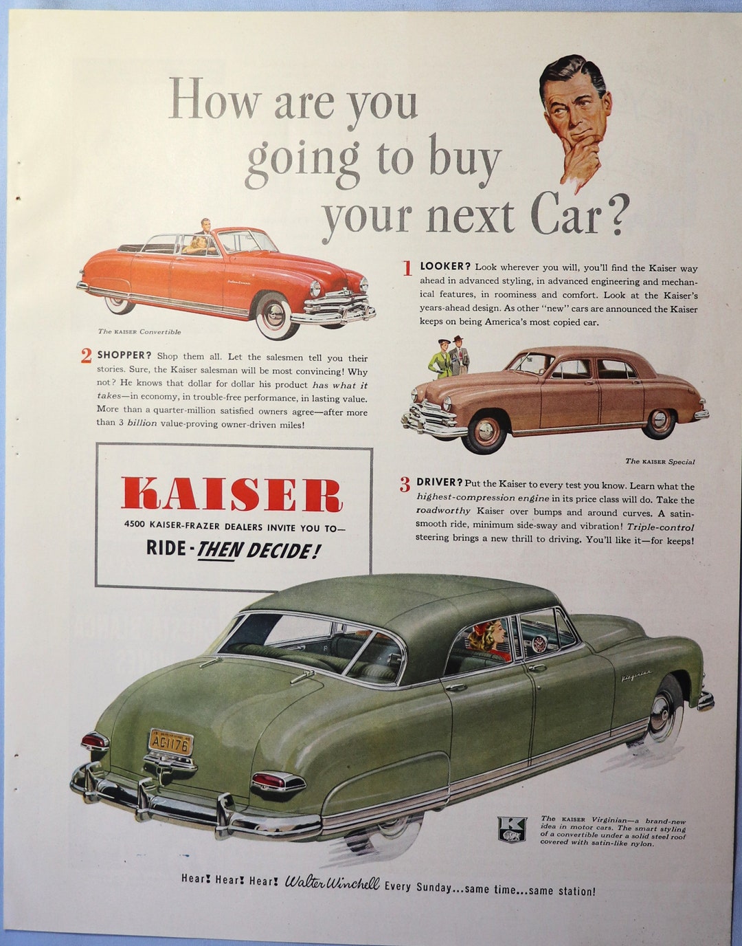 1949 Kaiser Car Advertisement. Vintage 1949 Kaiser Car Models Ad. 10"w ...
