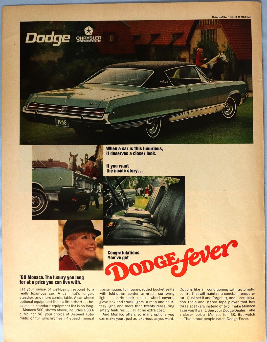 1968 Dodge Monaco Car Advertisement. Vintage 1968 Dodge Monaco Car Ad ...