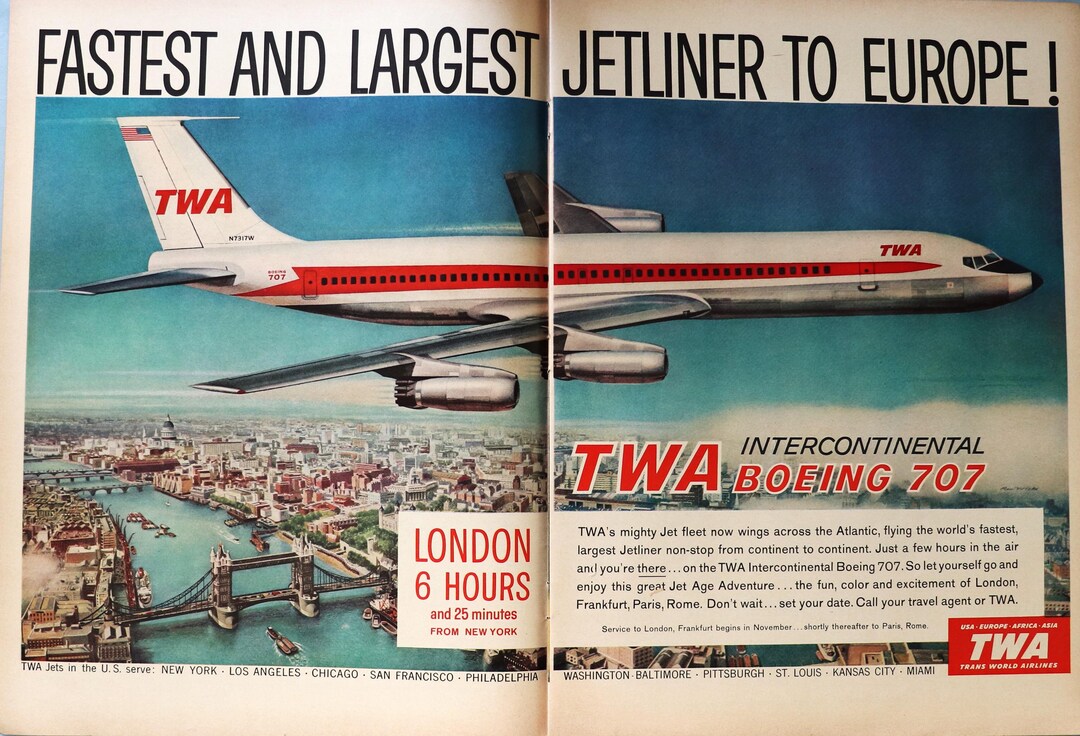 1959 TWA Airline Advertisement. Vintage 1959 TWA Boeing 707 to London ...