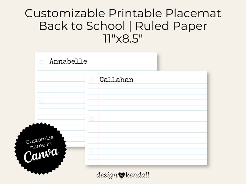 Printable Placemat - Back to School Ruled Paper Customizable | 11"x8.5 ...