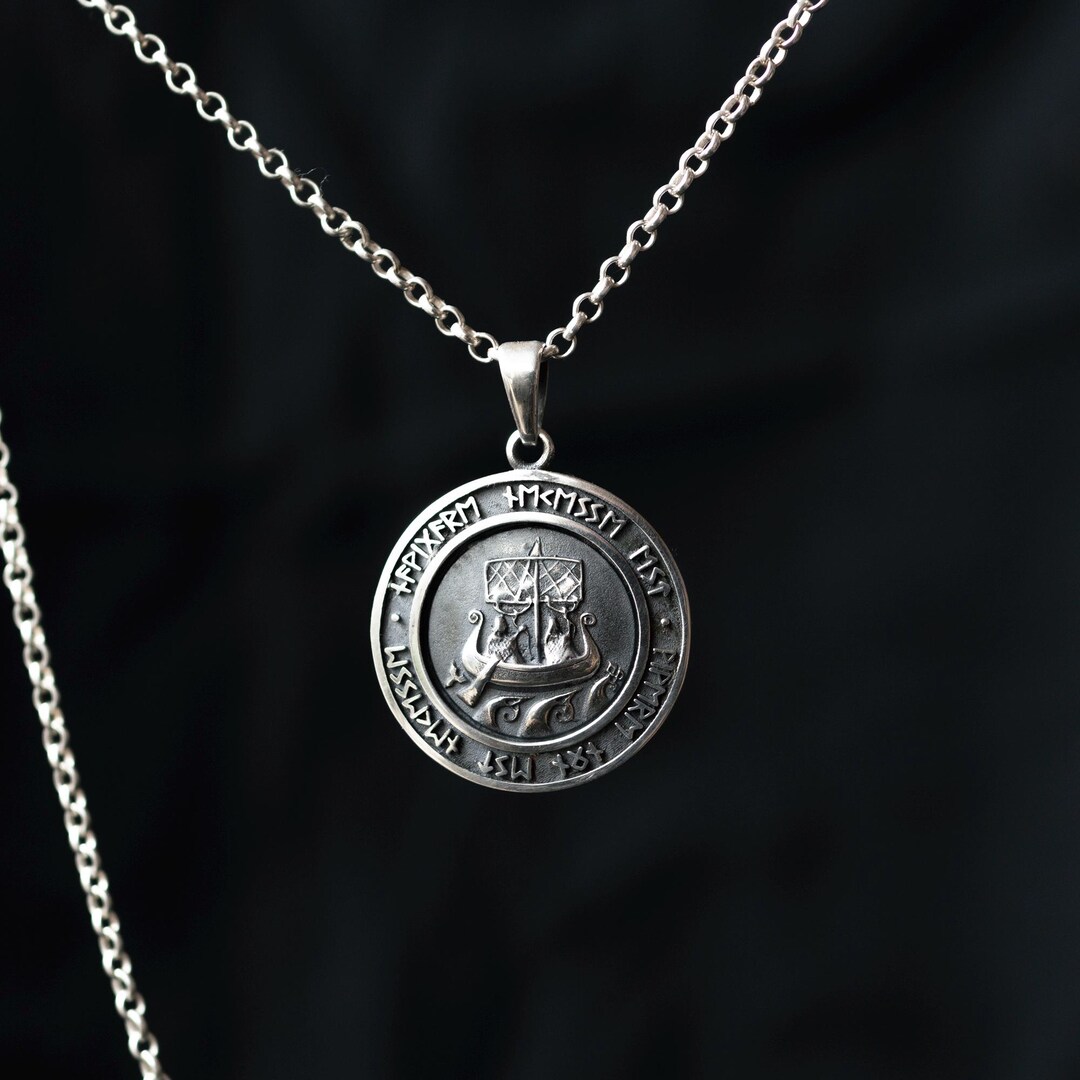 Viking Ship Pendant - Norse Jewelry With Latin Motto in Runes, Inspired ...