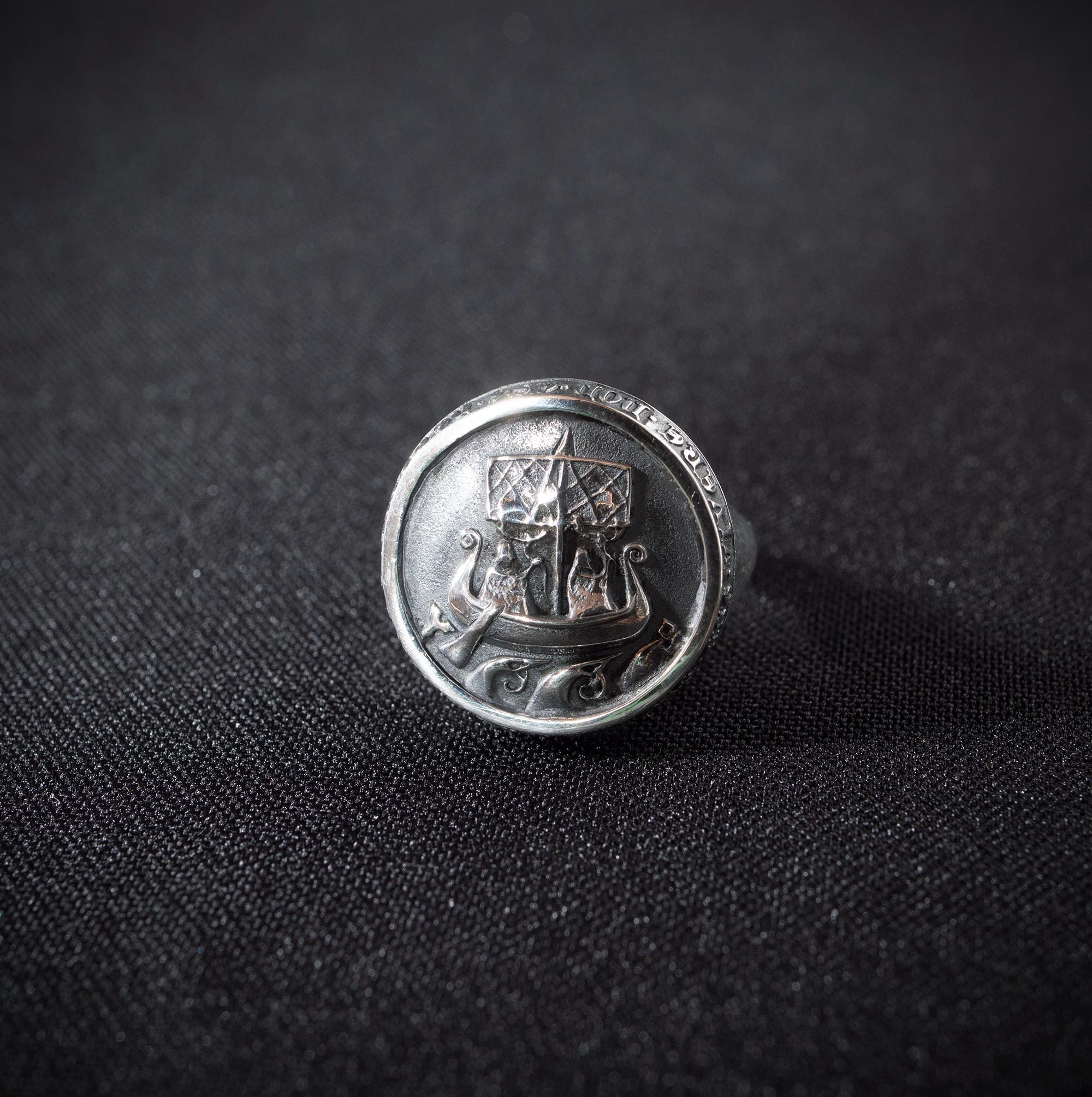 Silver Viking Ship Navigator Ring - Nautical Mariner Signet With Latin ...
