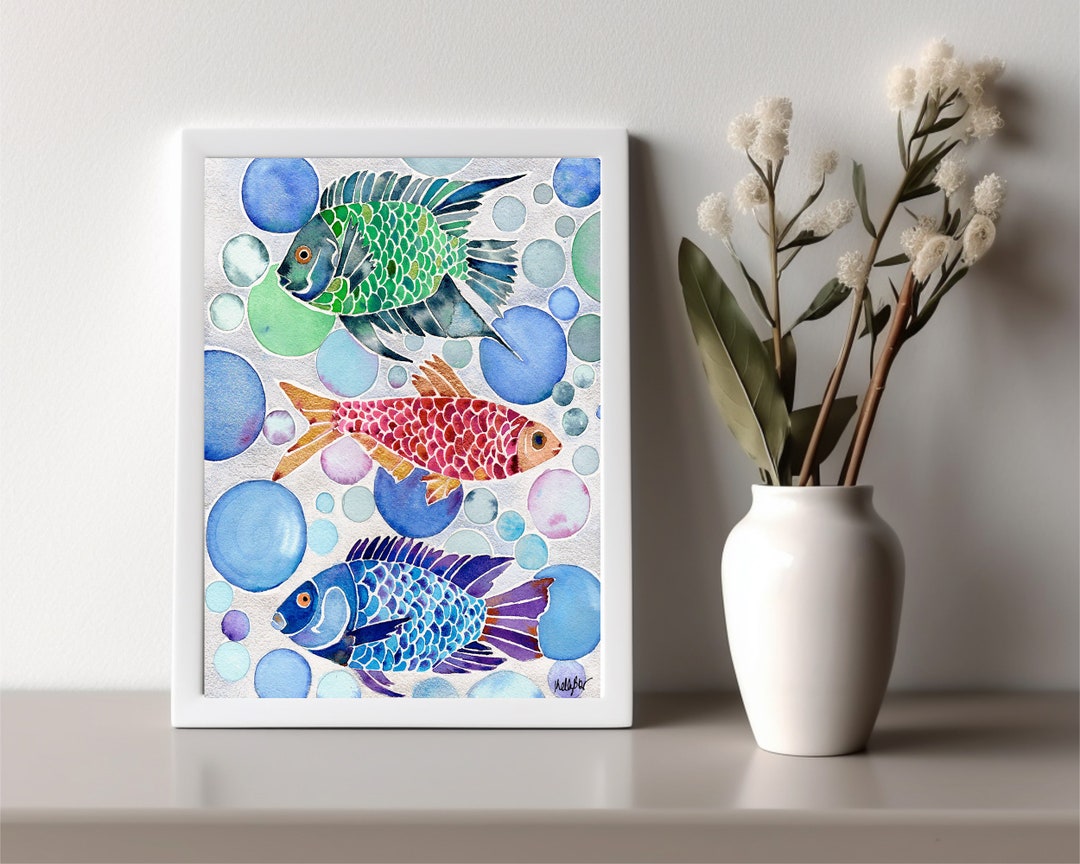 Three Fish Blowing Bubbles Watercolor Print 8 X 10 Watercolor Print - Etsy